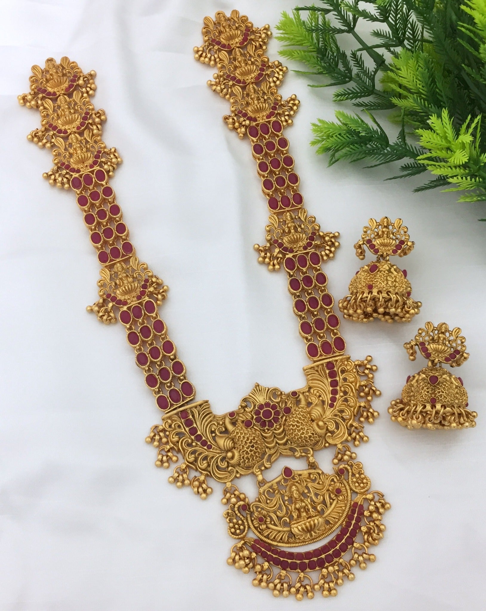 Traditional South Indian jewellery Red Stone Haram Set – Kanyaa