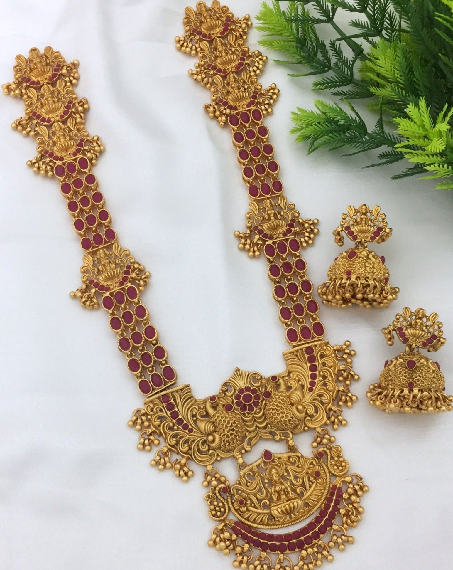 Traditional South Indian jewellery Red Stone Haram Set – Kanyaa