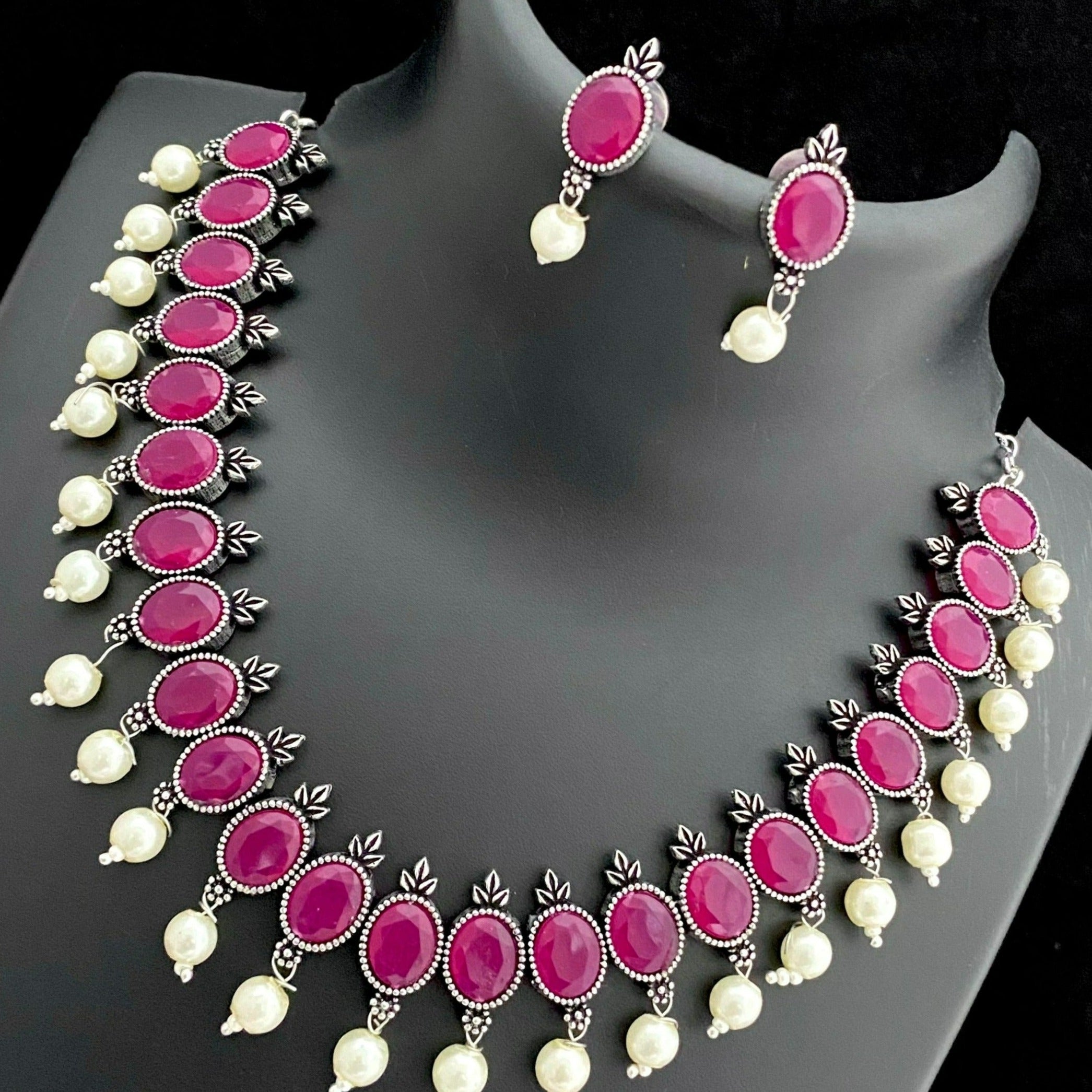 Pink Colour Oxidised Necklace Set – Kanyaa